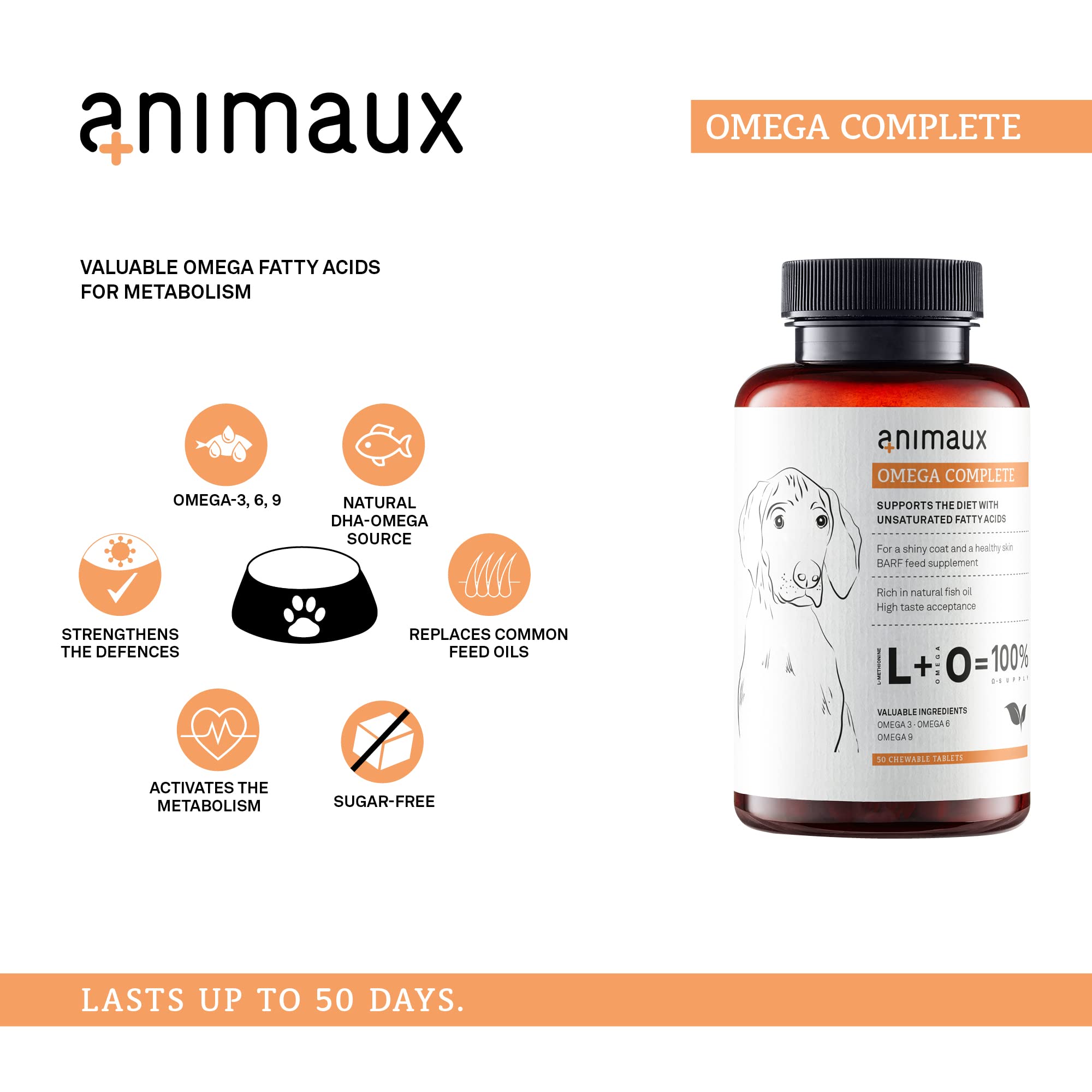 animaux - Omega Complete for Dogs Fish Oil Tablets, Omega 3,6 & 9 Fatty acids to Support Vitality, Bone Structure, Barf Supplement, Salmon Oil for Skin & Coat, 50 chewable Tablets, 100 Days Supply