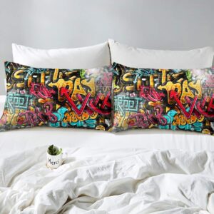 Feelyou Hippie Graffiti Comforter Cover Set Boys Teens Hip Hop Street Culture Bedding Set Kids Youth Wall Graffiti Art Duvet Cover Graffiti Pattern Quilt Cover,Room Decor 3Pcs Bedding Queen Size