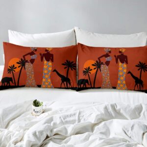 African Woman Themed Duvet Cover Brown African Pattern Bedding Set Ethnic Afro Giraffe Comforter Cover for Women Adults Room Decor Black Palm Tree Print Bedspread Cover Queen Size With 2 Pillow Case