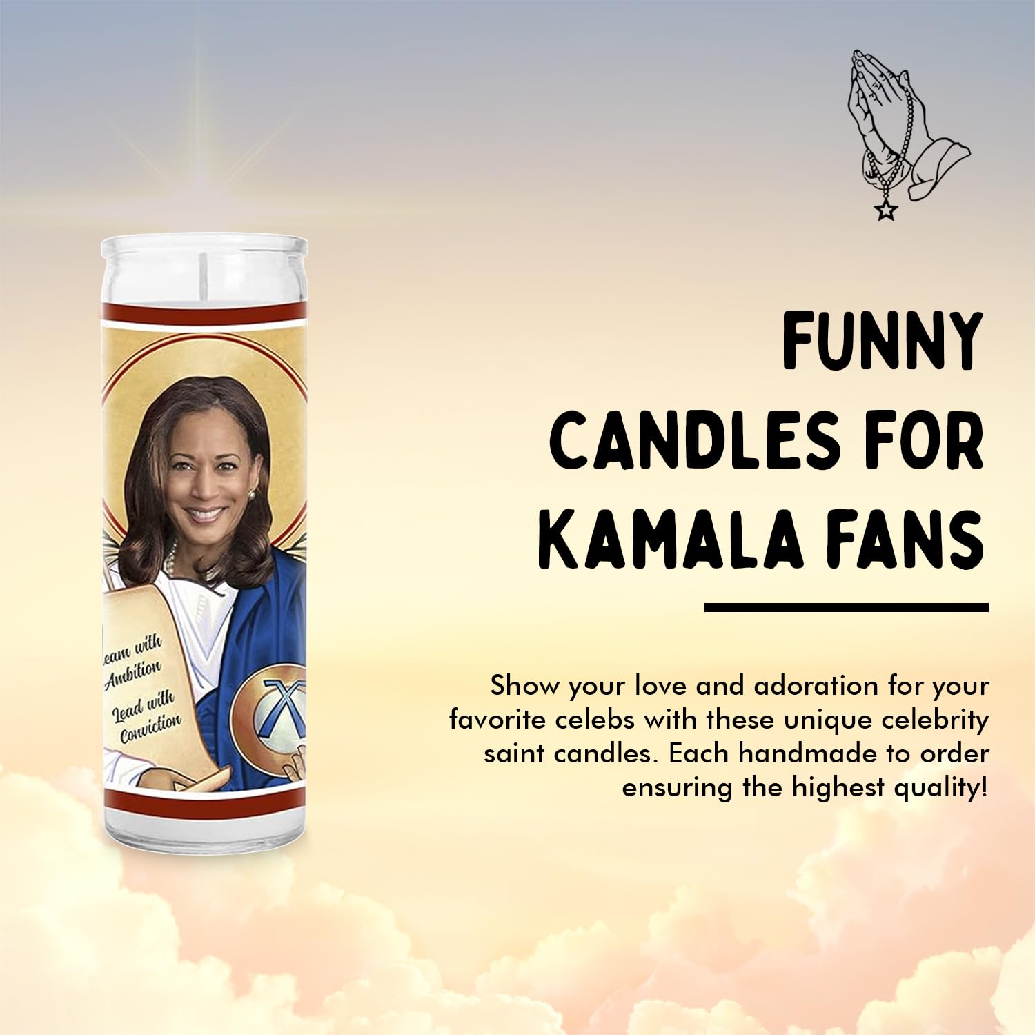 Celeb Prayer Candle Kamala Celebrity Candles - Funny Gift for Democrats - President Votive Glass Jar White Candle - Devotional Candles for USA - Handmade Soy Wax Candles