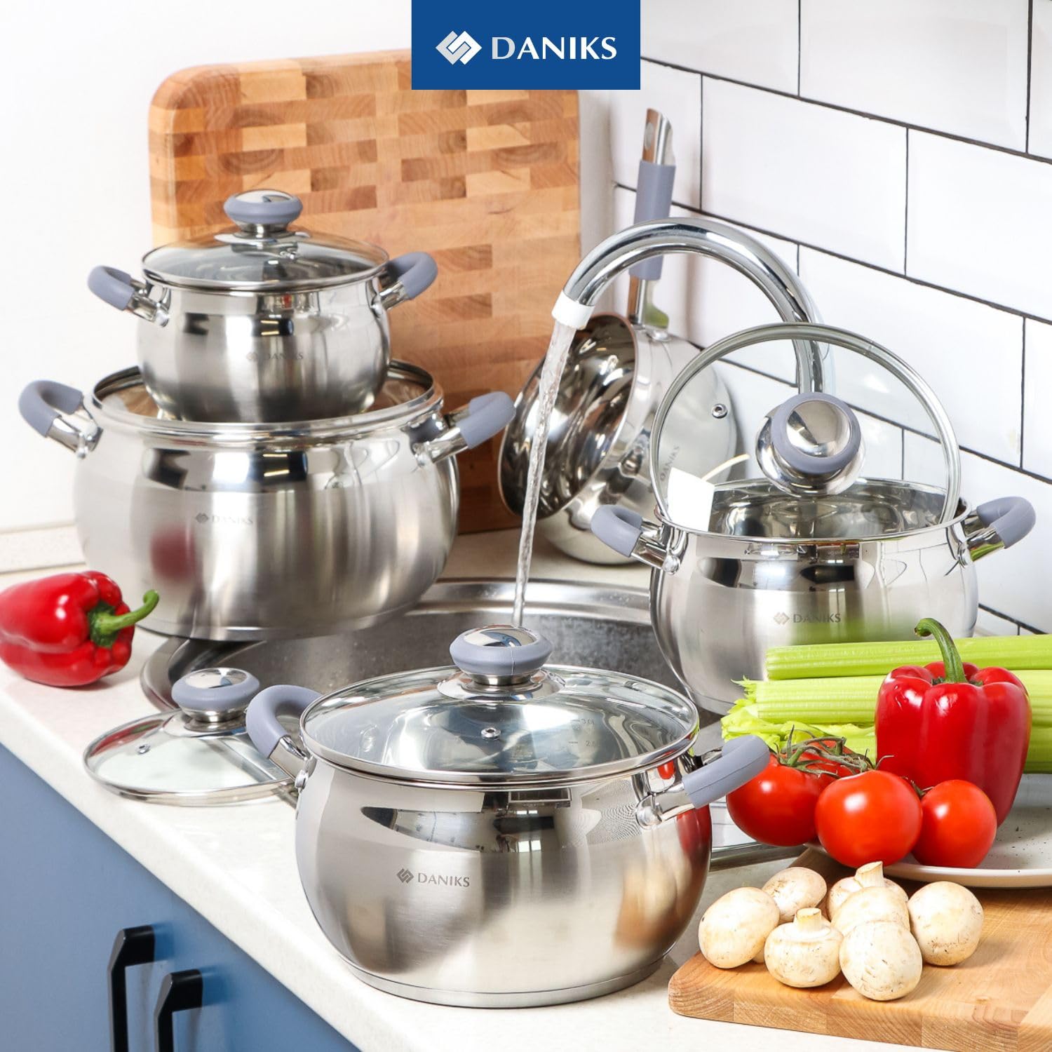 Daniks Modern Stainless Steel Stock Pot with Glass Lid | Induction 4 Quart | Dishwasher Safe Pot | Heatproof Handles | Soup Pasta Stew Pot | Silver