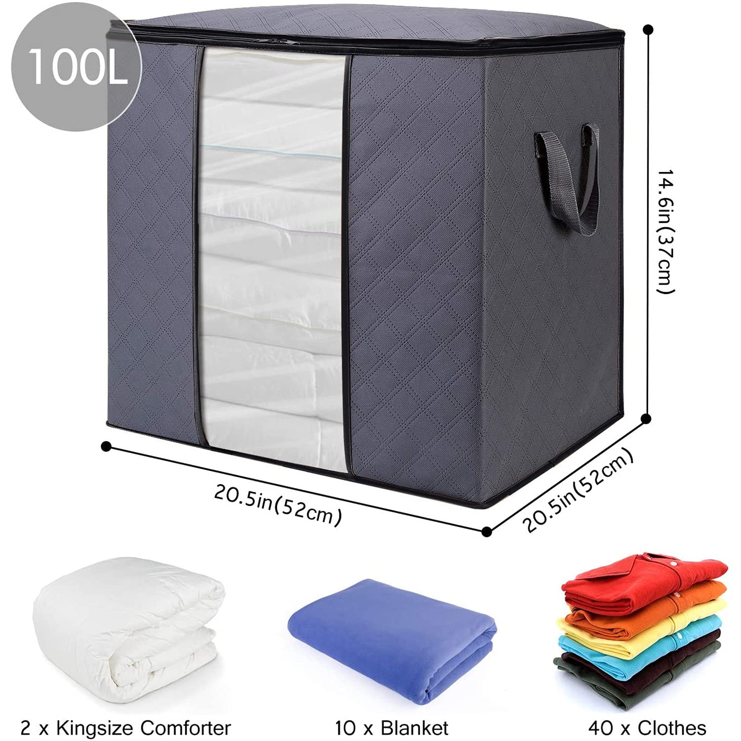 WISELIFE Storage Bags [3 Pack/100L] Large Blanket Clothes Organization and Storage Containers for Comforters,Bedding, Foldable Organizer with Reinforced Handle, Clear Window, Sturdy Zippers,Gray