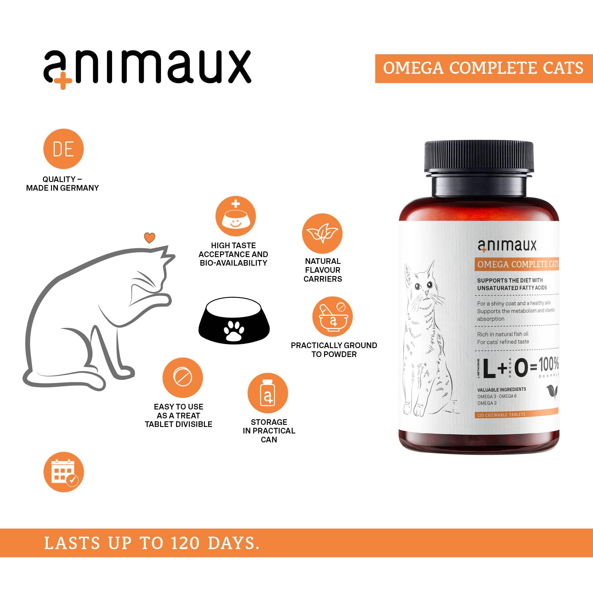 animaux - Omega Complete for Cats Fish Oil Tablets, Omega 3,6 & 9 Fatty acids to Support Metabolism, Bone Structure, Barf Supplement, Salmon Oil for Skin & Coat, 120 chewable Tablets, 120 Days Supply