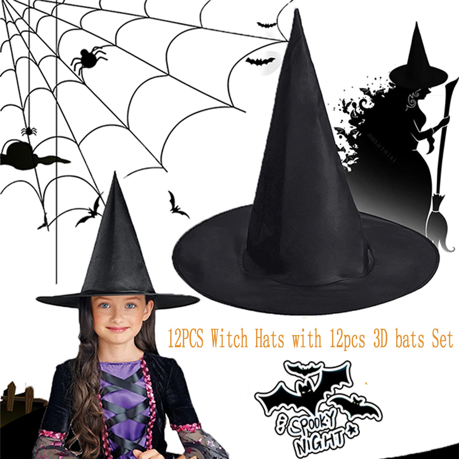 Tmflexe 12pcs Halloween Witch Hats + 12pcs 3D Bats Stickers - Costume Accessories for Parties, Cosplay, Carnivals, Holidays