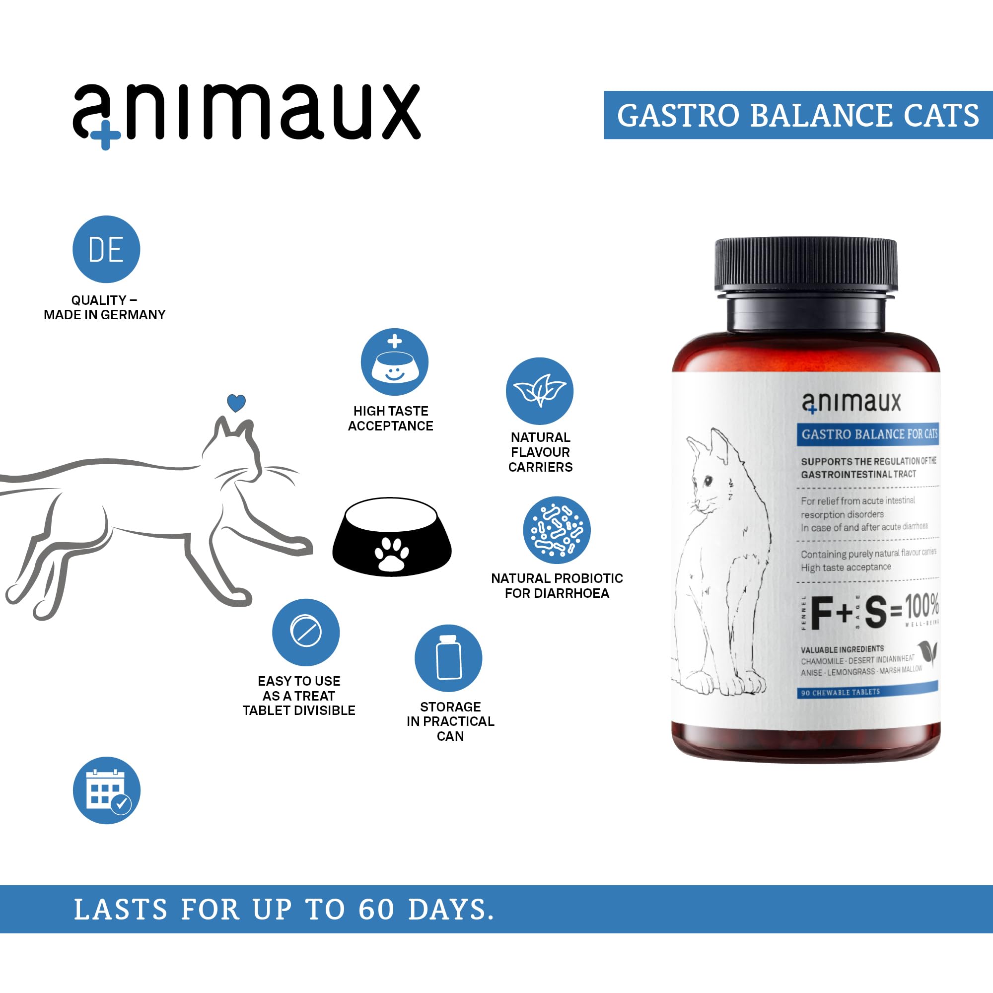 animaux - Gastro Balance for Cats, Supports Gastro-intestinal Tract, Prevents Diarrhoea, Constipation, Hairballs & Flatulence, supplementary probiotics, 90 chewable Tablets, 90 Days Supply