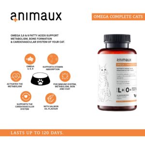 animaux - Omega Complete for Cats Fish Oil Tablets, Omega 3,6 & 9 Fatty acids to Support Metabolism, Bone Structure, Barf Supplement, Salmon Oil for Skin & Coat, 120 chewable Tablets, 120 Days Supply