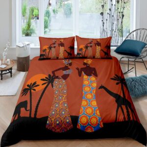 african woman themed duvet cover brown african pattern bedding set ethnic afro giraffe comforter cover for women adults room decor black palm tree print bedspread cover queen size with 2 pillow case