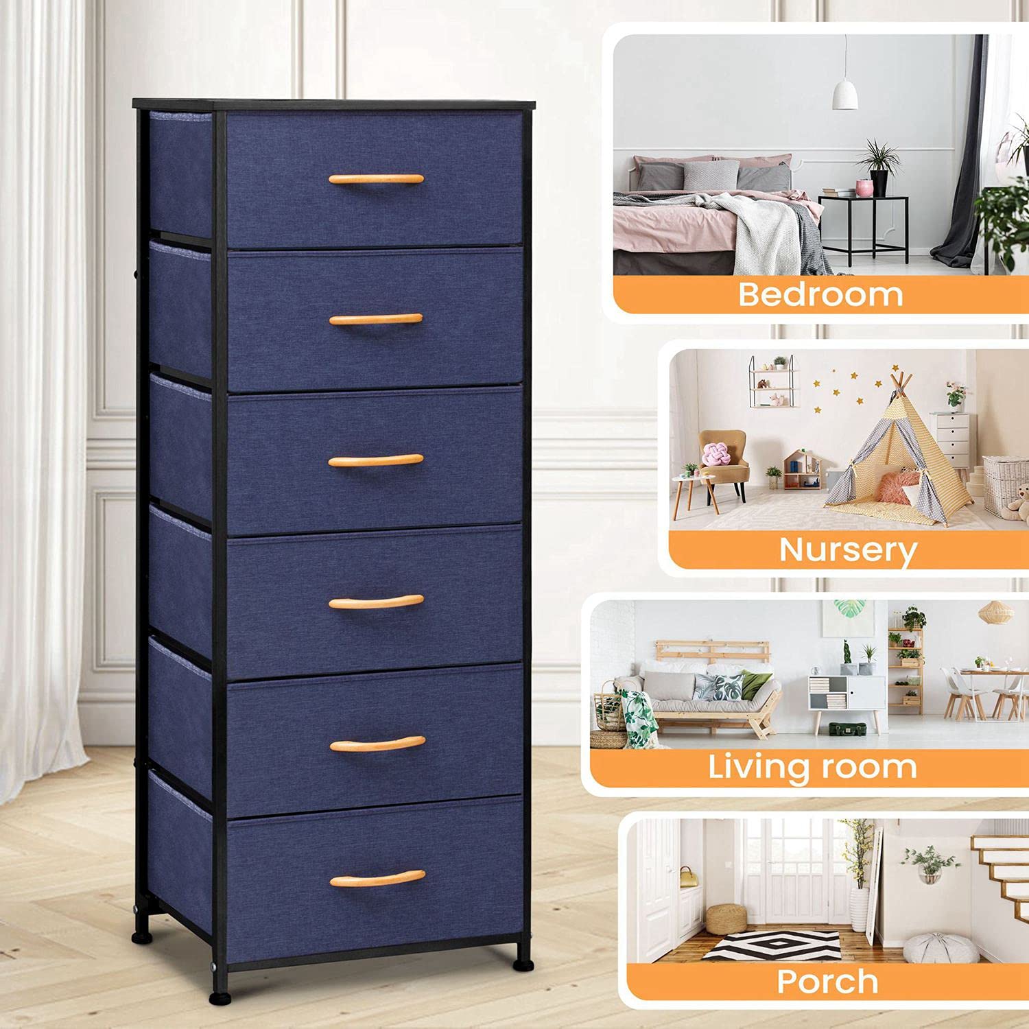 Pellebant Dresser for Bedroom with 6 Drawers, Tall Dresser Vertical Storage Tower, Sturdy Metal Frame, Fabric Storage Bins with Wooden Handle and Wooden Top, Organizer Unit for Closet/Hallway, Blue