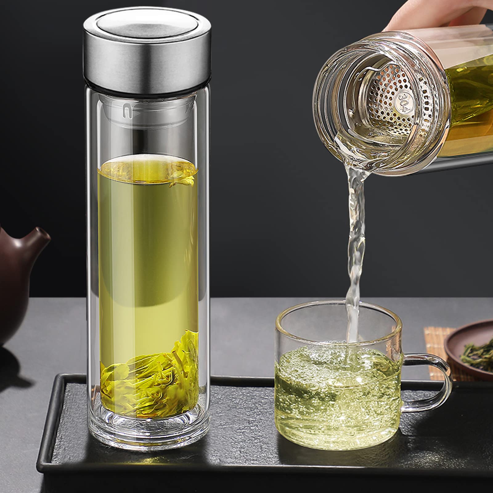 PARACITY Glass Tea Infuser Bottle Tea Flood Cup 12oz/350ml, Double Wall Borosilicate Portable Travel Tumbler Mug Leakproof for Loose Leaf Flower Herbal Tea Bags