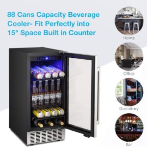 Antarctic Star 15 Inch Beverage Refrigerator Under Counter Built-in Wine Cooler Mini Fridge Clear Glass Door Digital Memory Temperature Control, Beer Soda LED Light, Quiet Operation (15 Inch)