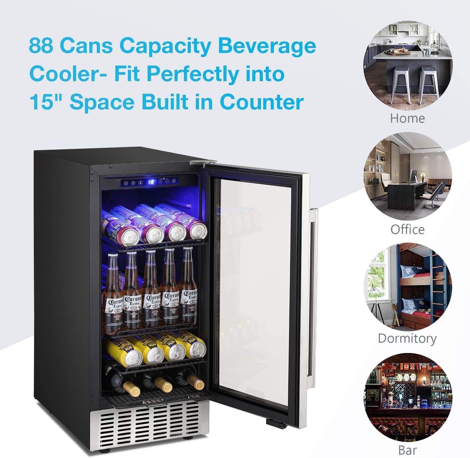 Antarctic Star 15 Inch Beverage Refrigerator Under Counter Built-in Wine Cooler Mini Fridge Clear Glass Door Digital Memory Temperature Control, Beer Soda LED Light, Quiet Operation (15 Inch)