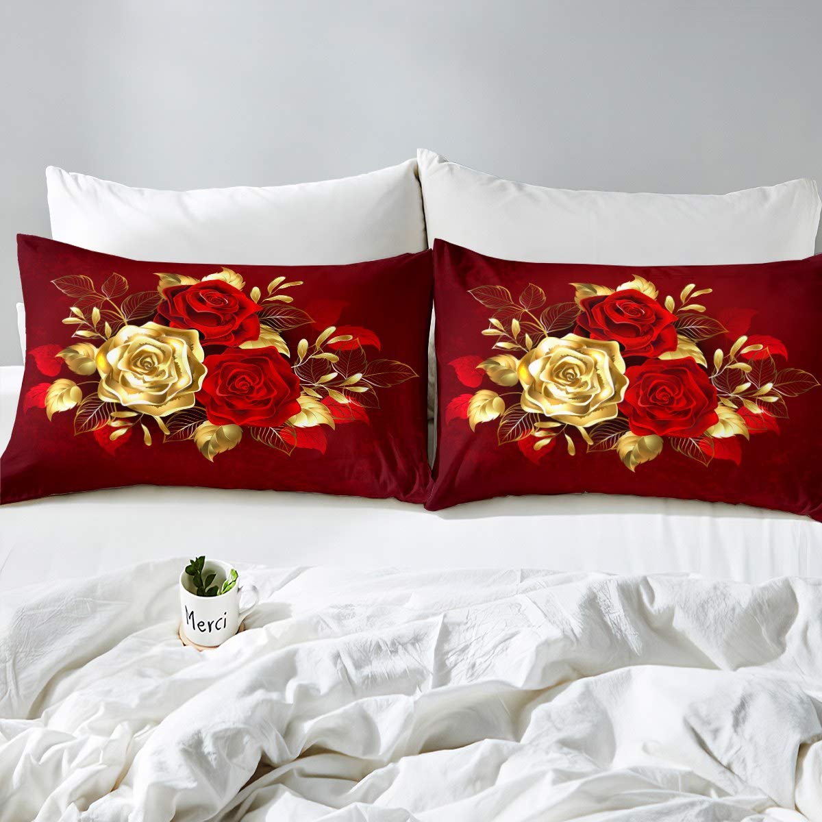 Feelyou Rose Comforter Cover Set for Woman Adults Rose Floral Print Duvet Cover Romantic Flowers Pattern Bedding Set Valentine's Day Quilt Cover,Room Decor 3Pcs Bedding Queen Size,Red