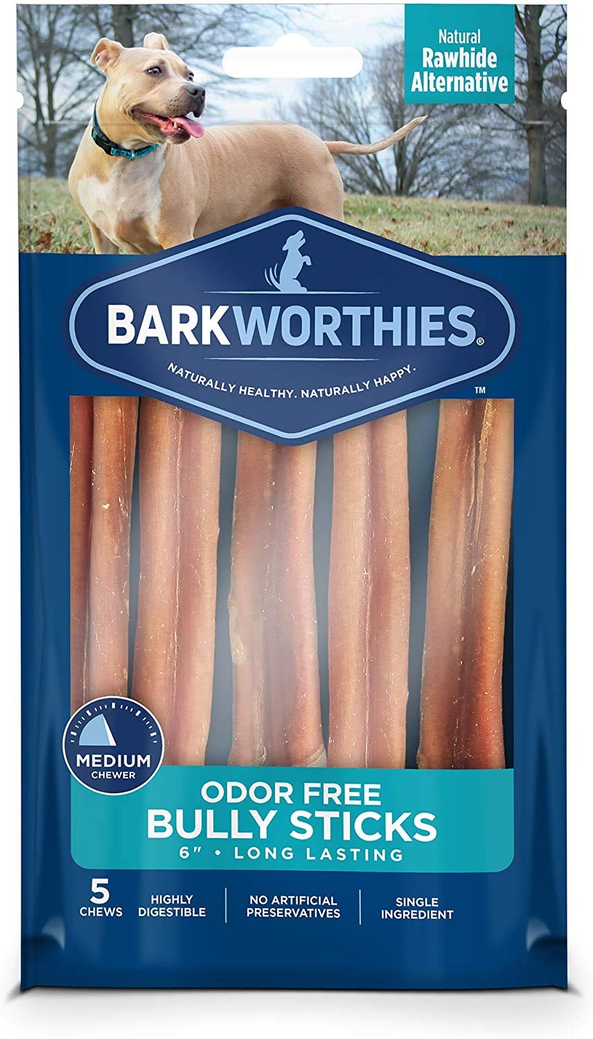 Barkworthies Odor Free Bully Sticks - 2 Pack (5 ct 6 inch) Premium Long Lasting, Protein-Packed, Grain Free Dog Treats and Dog Chews for Aggressive Chewers - Promotes Healthy Teeth for Dogs - E-Book