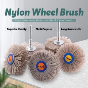 Swpeet 5Pcs 5 Sizes 80# 180# 240# 320# 600# Nylon Wheel Brush Abrasive Grinding Head with 6mm Threaded Shank Assortment Kit, Sanding Mop Abrasive Wheel for Polishing Removing Rust and Painting