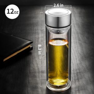 PARACITY Glass Tea Infuser Bottle Tea Flood Cup 12oz/350ml, Double Wall Borosilicate Portable Travel Tumbler Mug Leakproof for Loose Leaf Flower Herbal Tea Bags