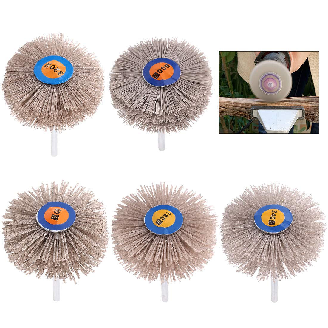 Swpeet 5Pcs 5 Sizes 80# 180# 240# 320# 600# Nylon Wheel Brush Abrasive Grinding Head with 6mm Threaded Shank Assortment Kit, Sanding Mop Abrasive Wheel for Polishing Removing Rust and Painting