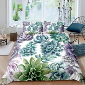 erosebridal succulent bedding set desert plant duvet cover queen size watercolor succulent comforter cover spring bontical theme bedspread cover for living room dorm decorative, purple green