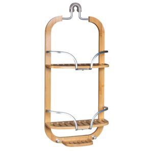 zenna home neverrust aluminum and bamboo hanging shower caddy, 2-shelf organizer with hooks, rustproof and no drilling, satin chrome