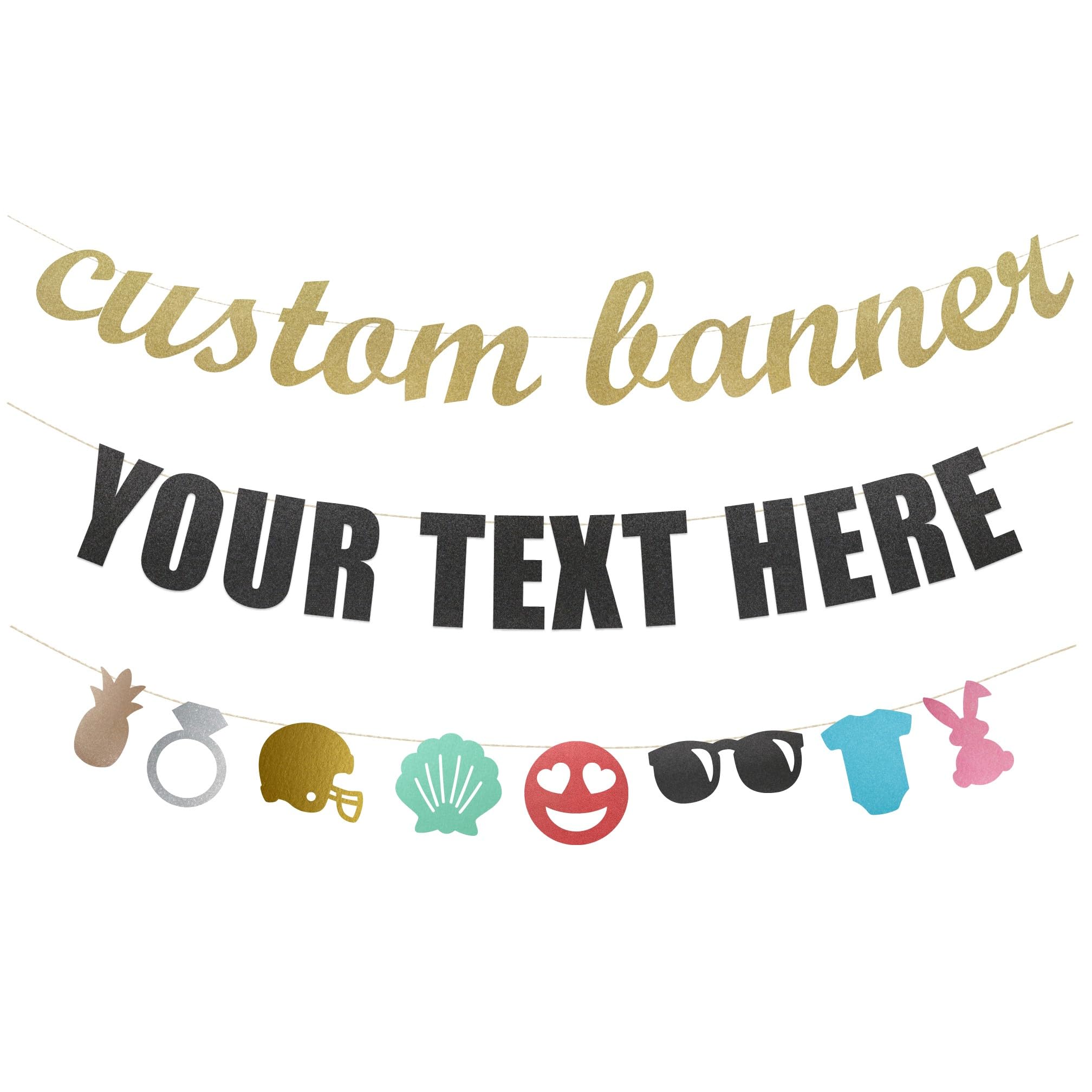 Custom Party Banner - Personalized Garland for Birthdays, Weddings, Bachelorette, Bridal Showers, Baby Showers, Graduation Celebrations | 20+ Glitter & Metallic Colors and 150+ Shape Options (Custom)