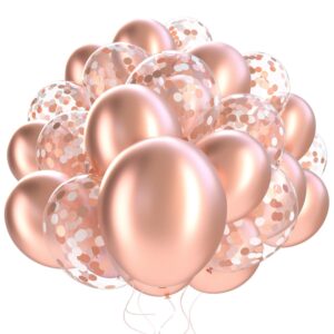 dandy decor 60 pack rose gold balloons + confetti balloons w/ribbon | rosegold balloons for parties | bridal & baby shower balloon decorations | latex party balloons |