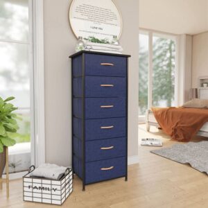 Pellebant Dresser for Bedroom with 6 Drawers, Tall Dresser Vertical Storage Tower, Sturdy Metal Frame, Fabric Storage Bins with Wooden Handle and Wooden Top, Organizer Unit for Closet/Hallway, Blue