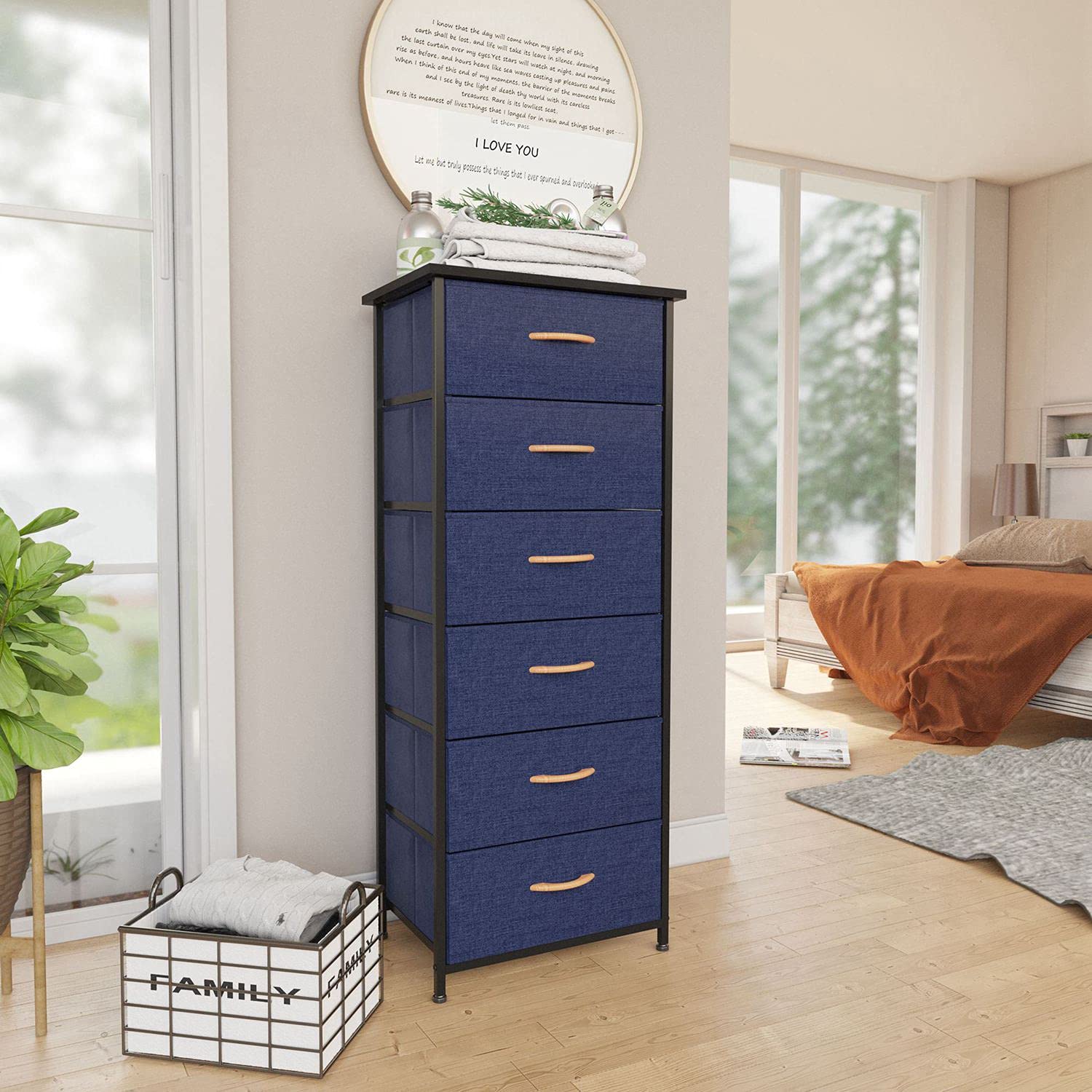 Pellebant Dresser for Bedroom with 6 Drawers, Tall Dresser Vertical Storage Tower, Sturdy Metal Frame, Fabric Storage Bins with Wooden Handle and Wooden Top, Organizer Unit for Closet/Hallway, Blue