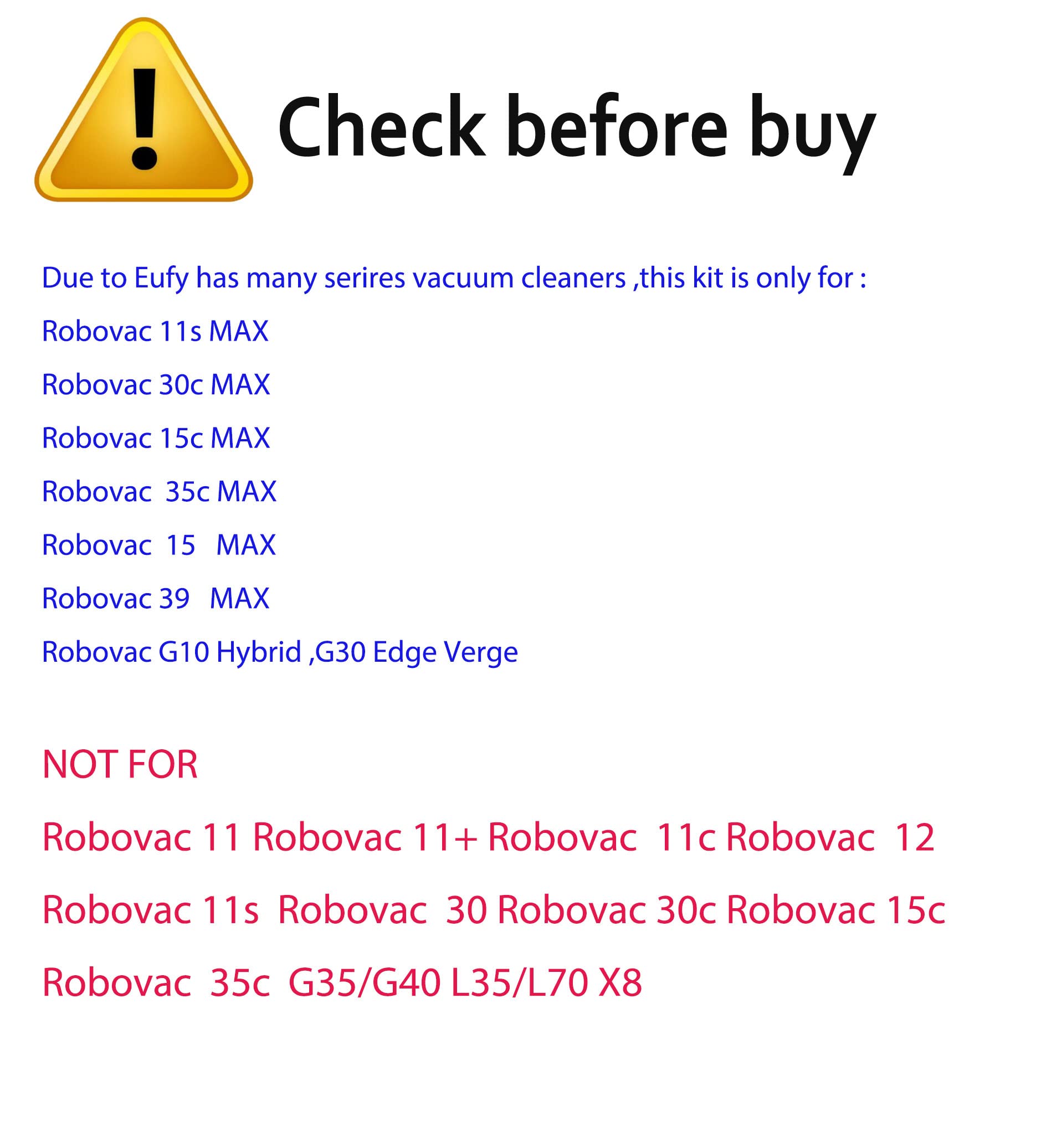 Replacement Parts for Eufy RoboVac 11S Max, Accessories Kit for RoboVac 15C Max 30C Max 35c Max 15t Max 39 Max Series G10 G20 G30 G32 Edge Verge Hybrid (NOT FOR G40 G35 L35 L70 X8)