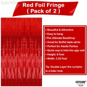 KatchOn, XtraLarge Red Streamers Party Decorations - 3.2x8 Feet, Pack of 2 | Red Christmas Backdrop for Christmas Decorations | Shiny Red Fringe Backdrop | Red Backdrop for Red Party Decorations