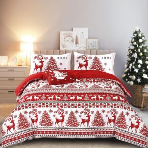 wongs bedding christmas duvet cover set king 3 pieces red deer tree snowflake pattern printed bedding comforter cover with zipper closure for new year holidy,soft microfiber set king size 90"x 103"