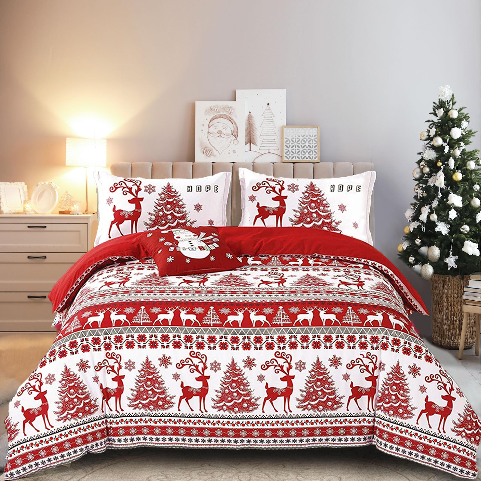 WONGS BEDDING Christmas Duvet Cover Set King 3 Pieces Red Deer Tree Snowflake Pattern Printed Bedding Comforter Cover with Zipper Closure for New Year Holidy,Soft Microfiber Set King Size 90"x 103"