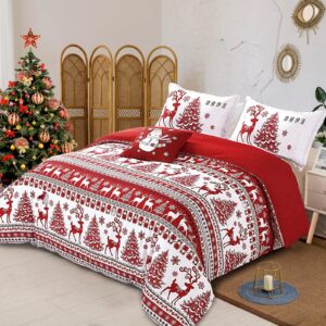 WONGS BEDDING Christmas Duvet Cover Set King 3 Pieces Red Deer Tree Snowflake Pattern Printed Bedding Comforter Cover with Zipper Closure for New Year Holidy,Soft Microfiber Set King Size 90"x 103"