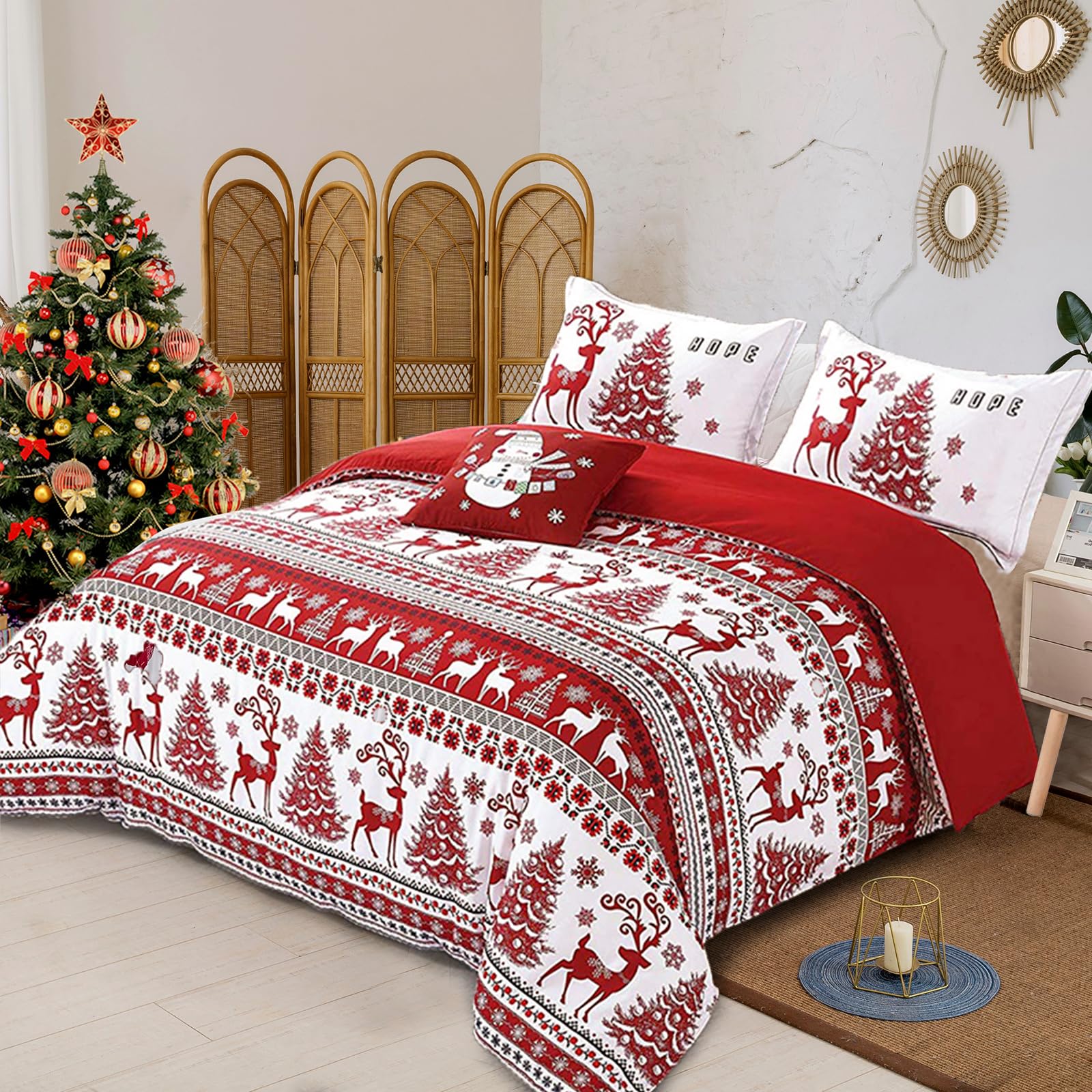 WONGS BEDDING Christmas Duvet Cover Set King 3 Pieces Red Deer Tree Snowflake Pattern Printed Bedding Comforter Cover with Zipper Closure for New Year Holidy,Soft Microfiber Set King Size 90"x 103"