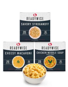 readywise - entrée box kit, 60 servings, 3 box kit, freeze dried food, mre, emergency kit, for hiking, camping essentials, hurricane preparedness items, & food storage, 25-year shelf life