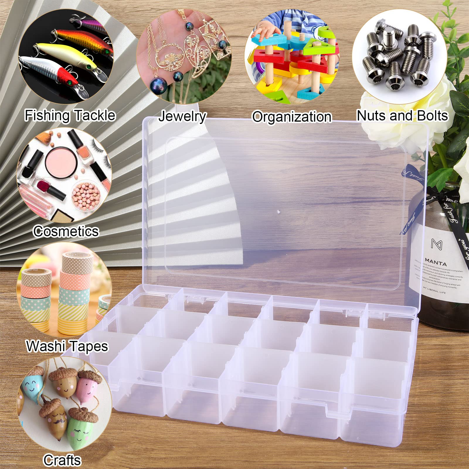 ZOEYES 5 Pack Plastic Organizer Box 18 Large Grids Jewelry Storage Container Clear Organizer Box with Adjustable Dividers for Washi Tape Bead Crafts Art Supply Fishing Tackles