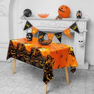 cakka halloween tablecloth, 2 pack 54x108” disposable table cover, rectangle plastic table cloths for for halloween party decoration supplies, pumpkin hunted house