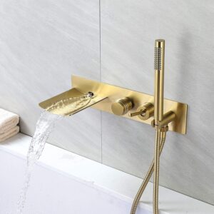 homelava waterfall basin sink wall tap faucet, metal bar tap bathtub shower tap with hand wash faucet, rain faucet kit basin water control system for kitchen and bathroom gold