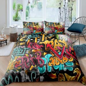 feelyou hippie graffiti comforter cover set boys teens hip hop street culture bedding set kids youth wall graffiti art duvet cover graffiti pattern quilt cover,room decor 3pcs bedding queen size