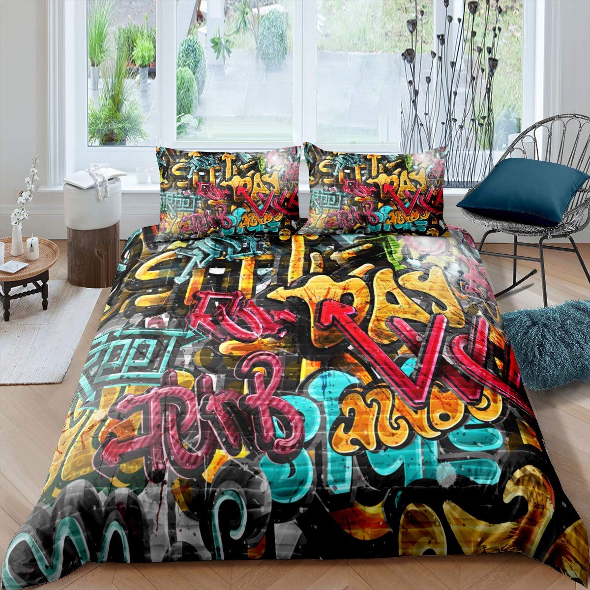 Feelyou Hippie Graffiti Comforter Cover Set Boys Teens Hip Hop Street Culture Bedding Set Kids Youth Wall Graffiti Art Duvet Cover Graffiti Pattern Quilt Cover,Room Decor 3Pcs Bedding Queen Size