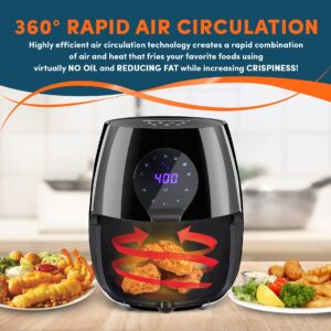 Elite Gourmet EAF5317D Digital 5.3Qt Hot Air Fryer 7 Menu Functions 1350W Oil-Less Healthy Cooker, Timer & Temperature Controls, PFOA/PTFE Free, Black