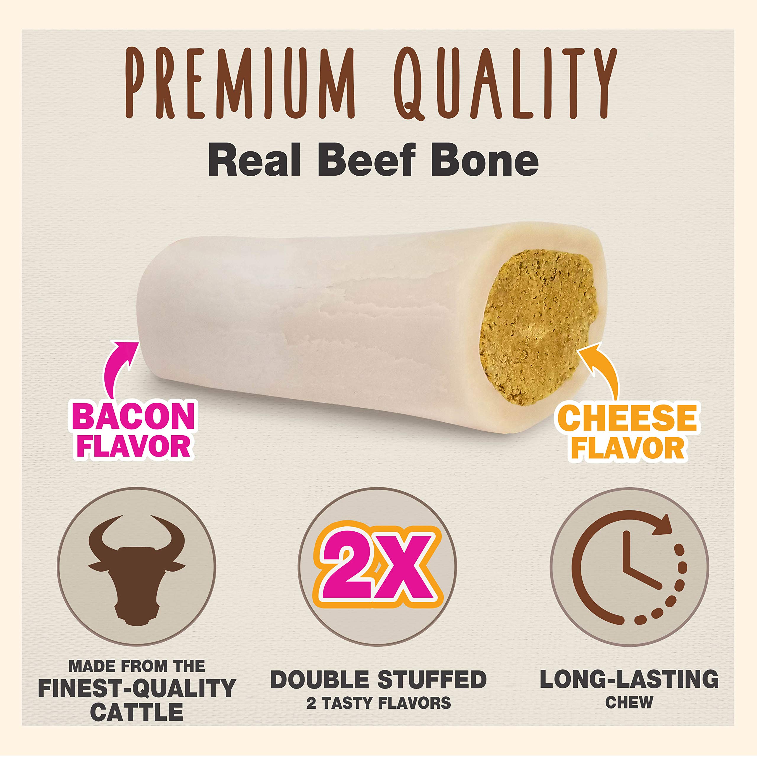 Cadet Double Stuffed Shin Bone - Highly Digestible, High Protein, Long-Lasting Dog Chew Bone for Aggressive Chewers, Supports Dental Health, - Bacon & Cheese Flavor, Small (1 Count)