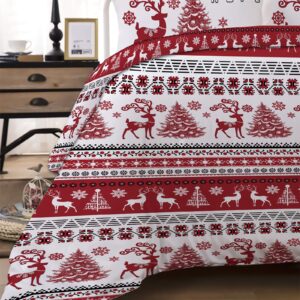 WONGS BEDDING Christmas Duvet Cover Set King 3 Pieces Red Deer Tree Snowflake Pattern Printed Bedding Comforter Cover with Zipper Closure for New Year Holidy,Soft Microfiber Set King Size 90"x 103"