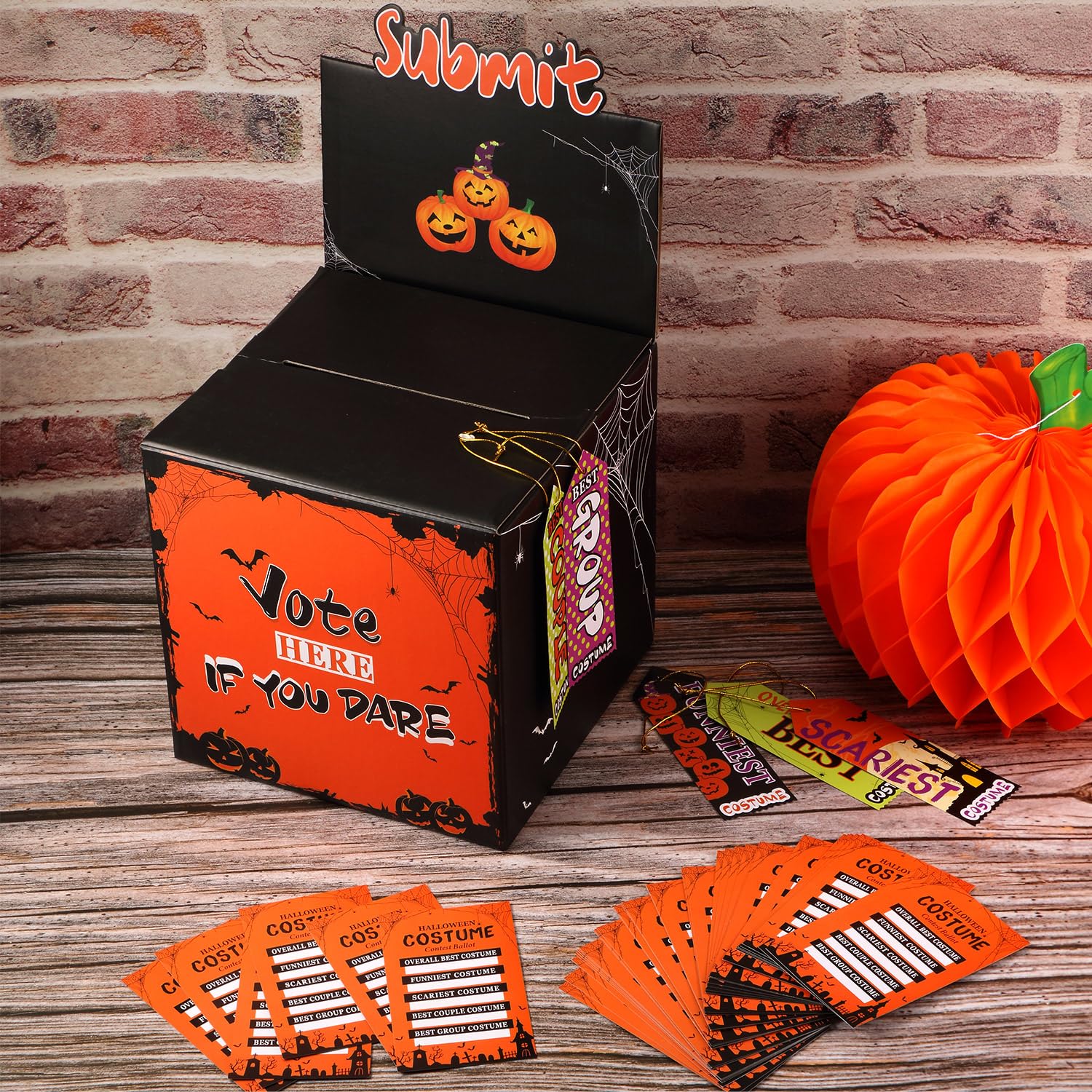 Halloween Costume Contest Ballot Box and 40 Voting Cards, 10 Award Prize Ribbons Fun Decorations, Halloween Party Supplies for Home Indoor Office and Party Games