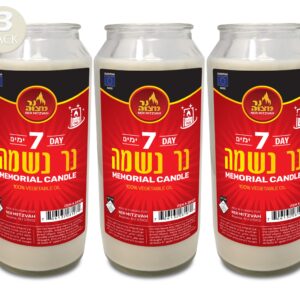 Ner Mitzvah 7 Day Yahrzeit Candle - 3 Pack Kosher White Yahrzeit Memorial Candles - Yom Kippur and Holiday Candle in Glass Jar - 100% Vegetable Oil Wax Prayer Candle