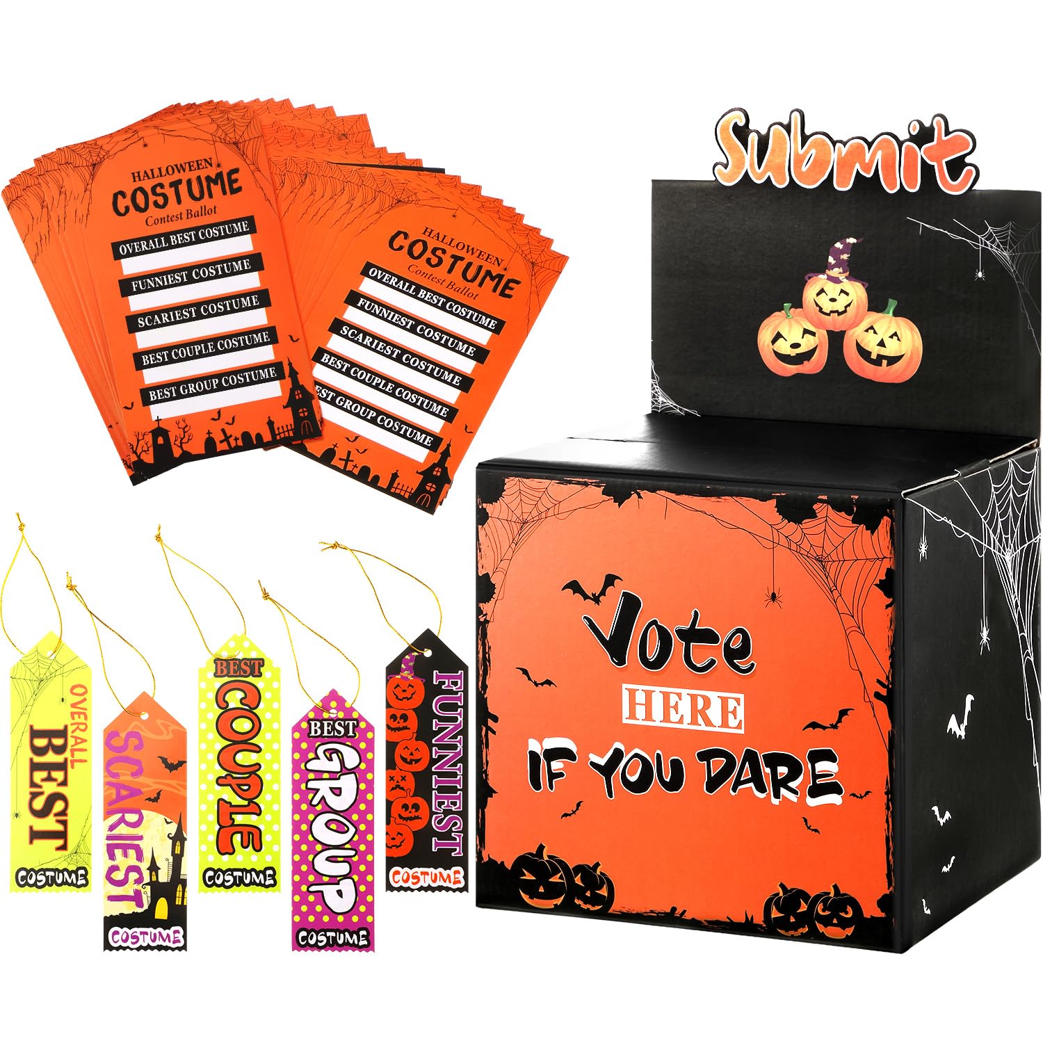 Halloween Costume Contest Ballot Box and 40 Voting Cards, 10 Award Prize Ribbons Fun Decorations, Halloween Party Supplies for Home Indoor Office and Party Games