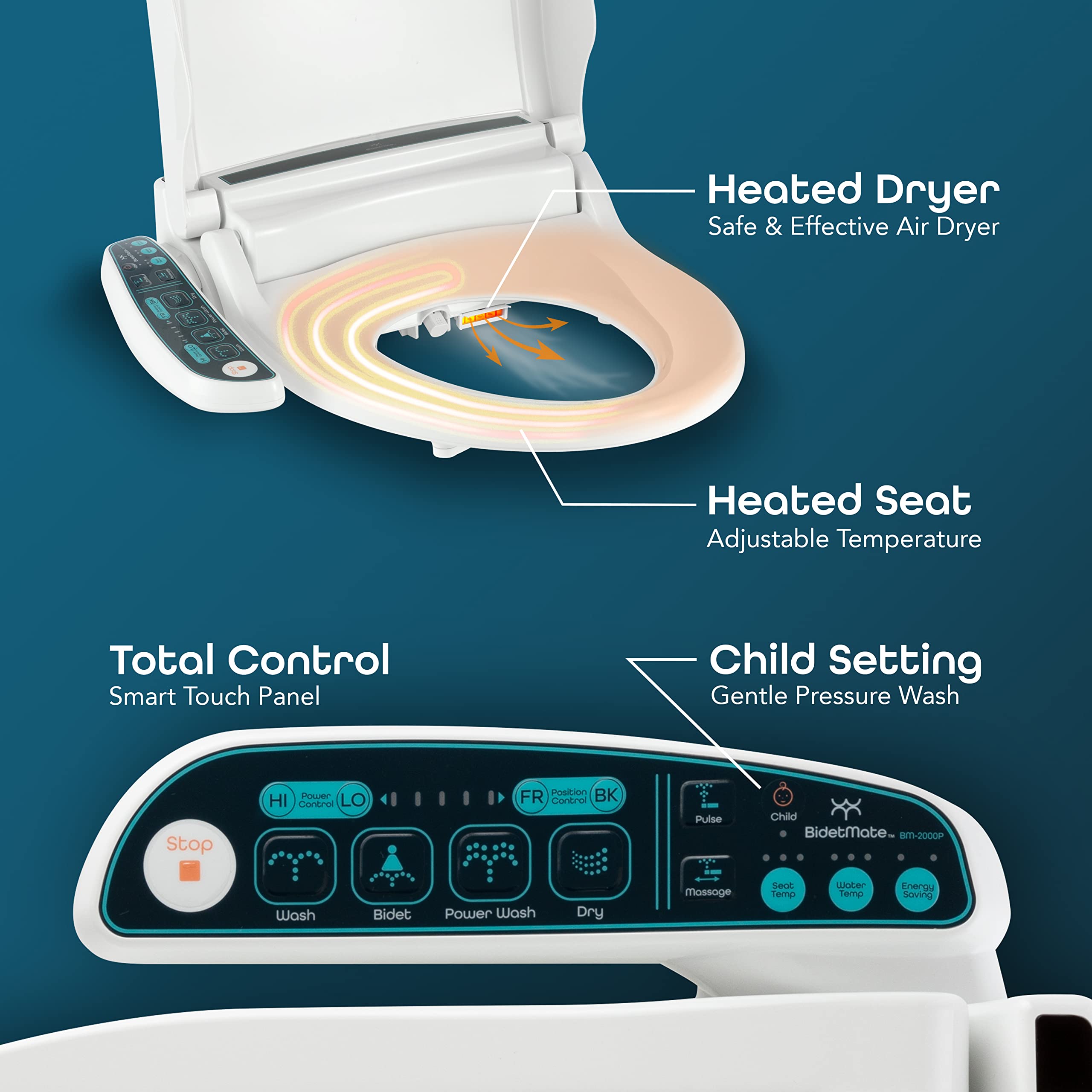 BidetMate 2000 Series Heated Bidet Japanese Toilet Seat with Unlimited Water, Side Control Panel, Deodorizer, and Warm Air Dryer - Adjustable Self-Cleaning - Shape of Bidet Round