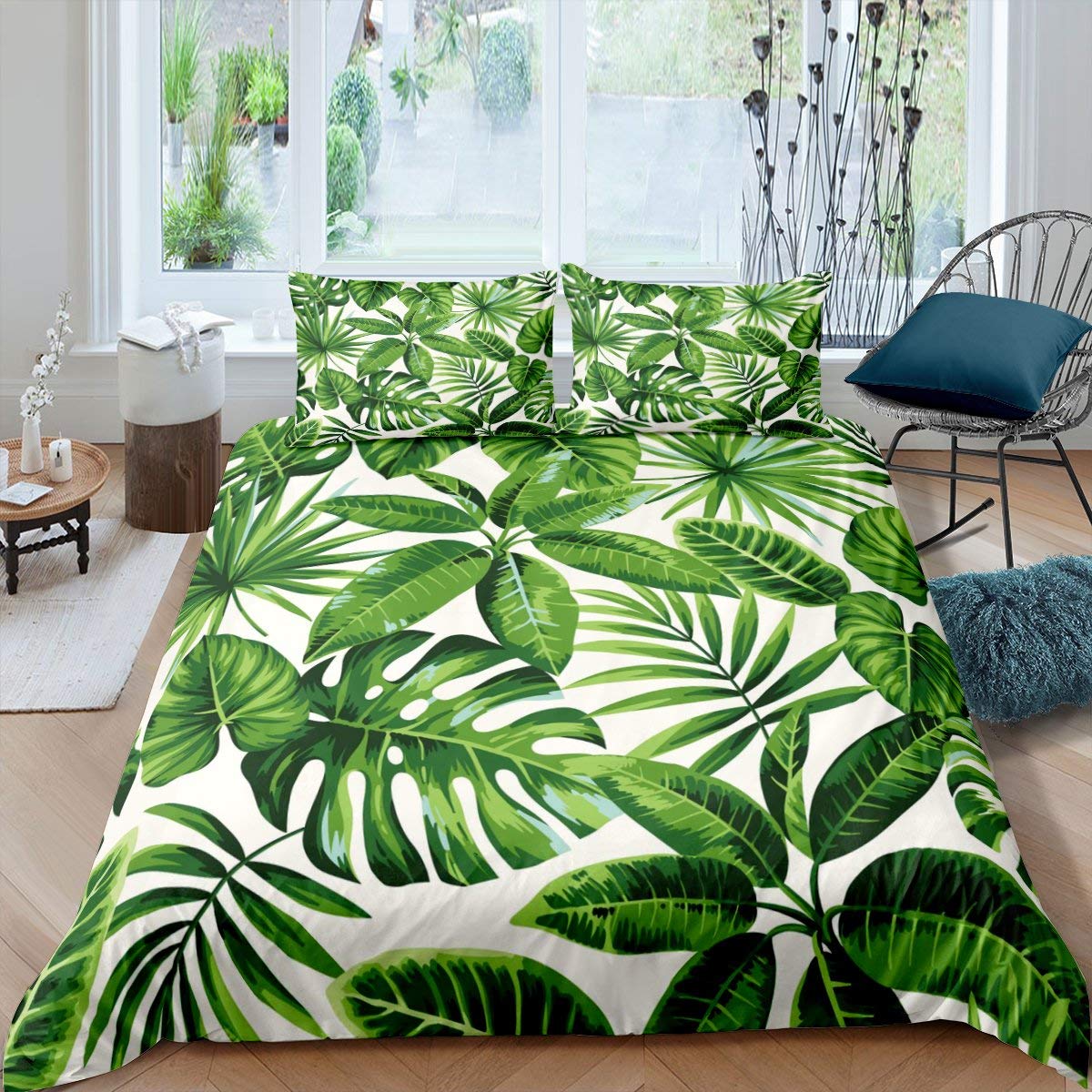 Erosebridal Palm Leaves Bedding Set Monstera Duvet Cover Hawaii Tropical Leaves Comforter Cover Tropical Bedspread Cover for Kids Boys Girls Room Dorm Decor 3Pcs Bedding Full Size