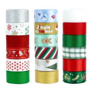 vatin 100 yards 1" christmas ribbon printed grosgrain organza satin ribbons metallic glitter fabric ribbons 18 rolls for xmas gift package wrapping,winter season festival diy crafts decor-clearance