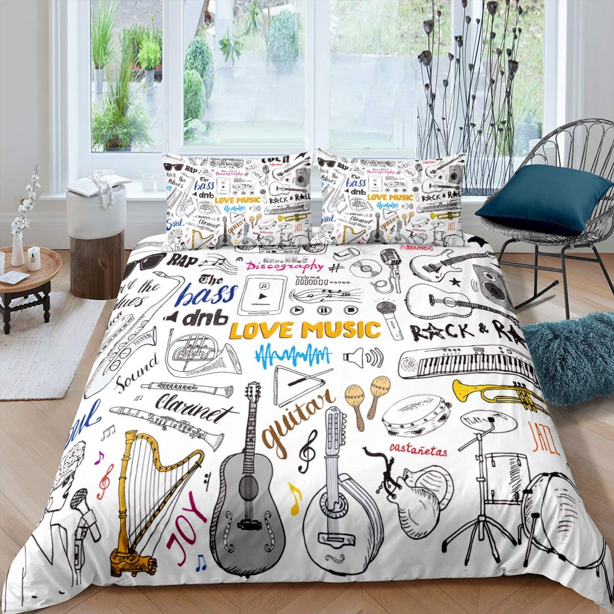 Feelyou Rock Music Theme Duvet Cover Electric Guitar Piano Bedding Set for Kids Boys Girls Musical Instrument Comforter Cover Blues Jazz Bedspread Cover with 1 Pillowcase 2Pcs Twin Size