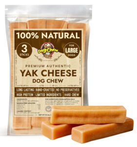 tibetan dog chew yak cheese sticks (3 large chews) - handmade treats for (large dogs), long-lasting, easy to digest, grain-free, gluten-free, supports dental health, for aggressive chewers