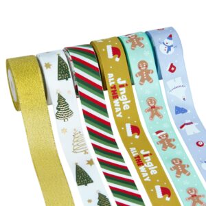 VATIN 100 Yards 1" Christmas Ribbon Printed Grosgrain Organza Satin Ribbons Metallic Glitter Fabric Ribbons 18 Rolls for Xmas Gift Package Wrapping,Winter Season Festival DIY Crafts Decor-Clearance